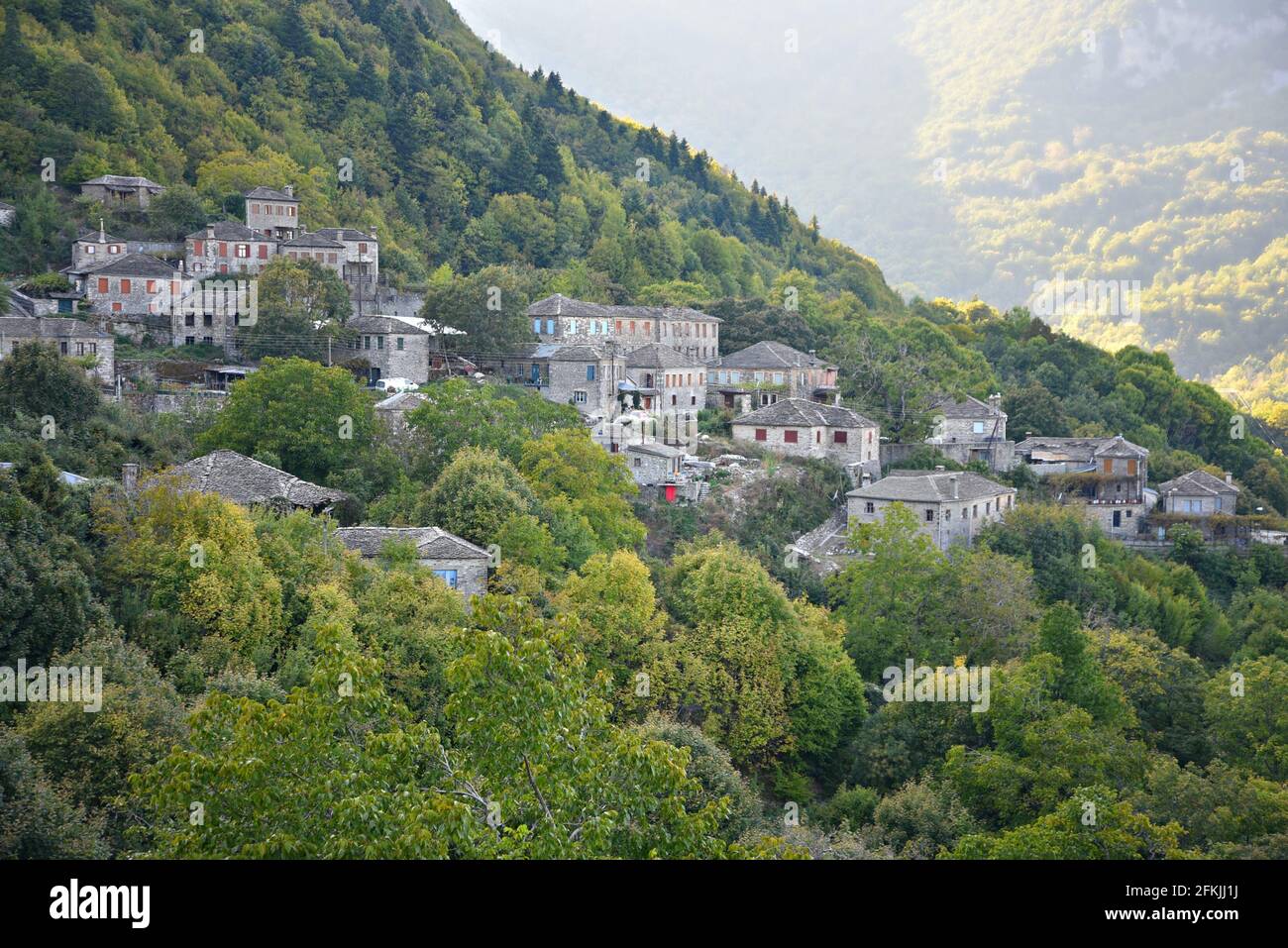 Landscape with panoramic view of Dikorfo, a traditional rural village ...