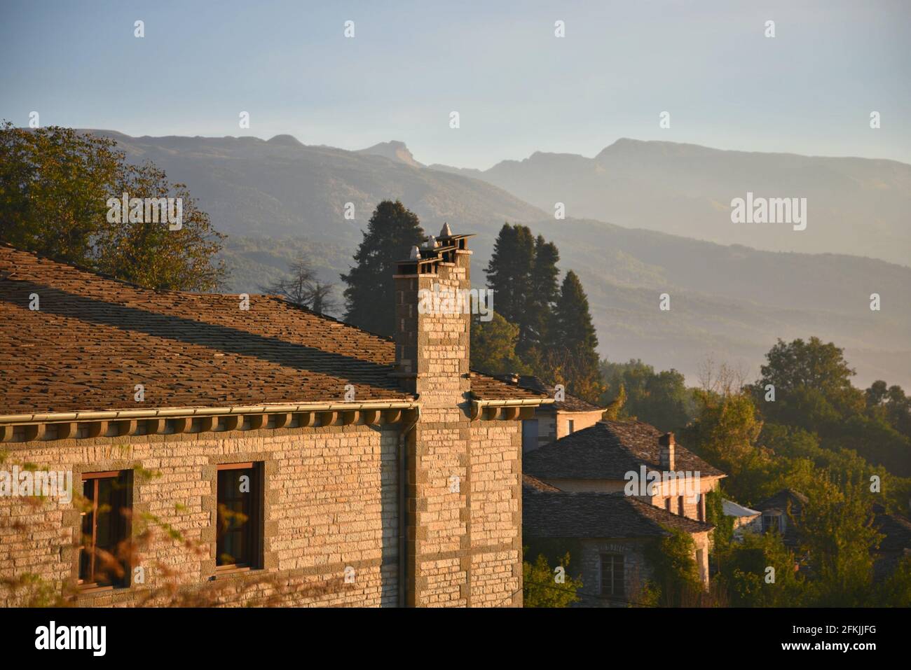 Rural stone houses with slate rooftops in the traditional preserved ...