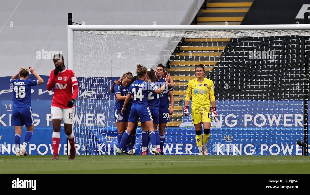 LEICESTER, UK. MAY 2ND. Natasha Flint of Leicester City celebrates with ...