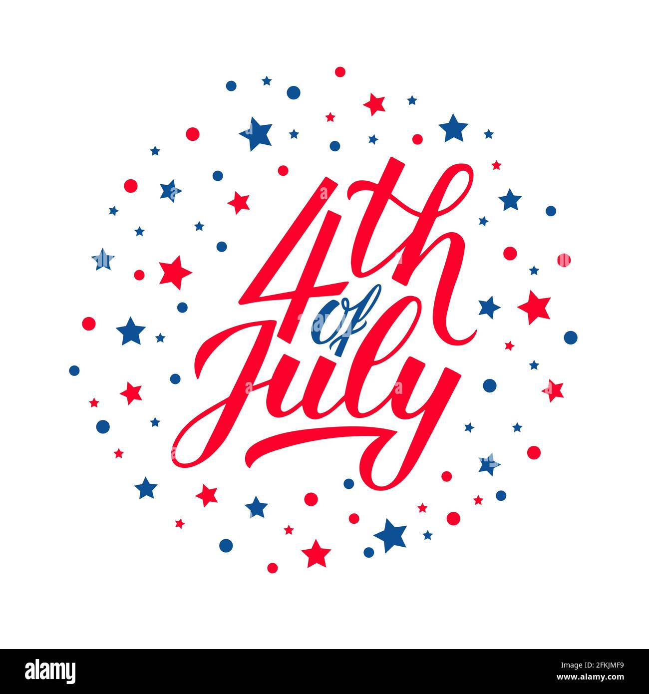 4th of July calligraphy hand lettering with red and blue stars confetti ...