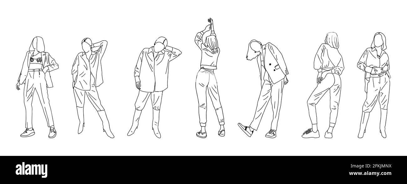 Group of girls posing in fashionable clothes.Black outline. Vector ...