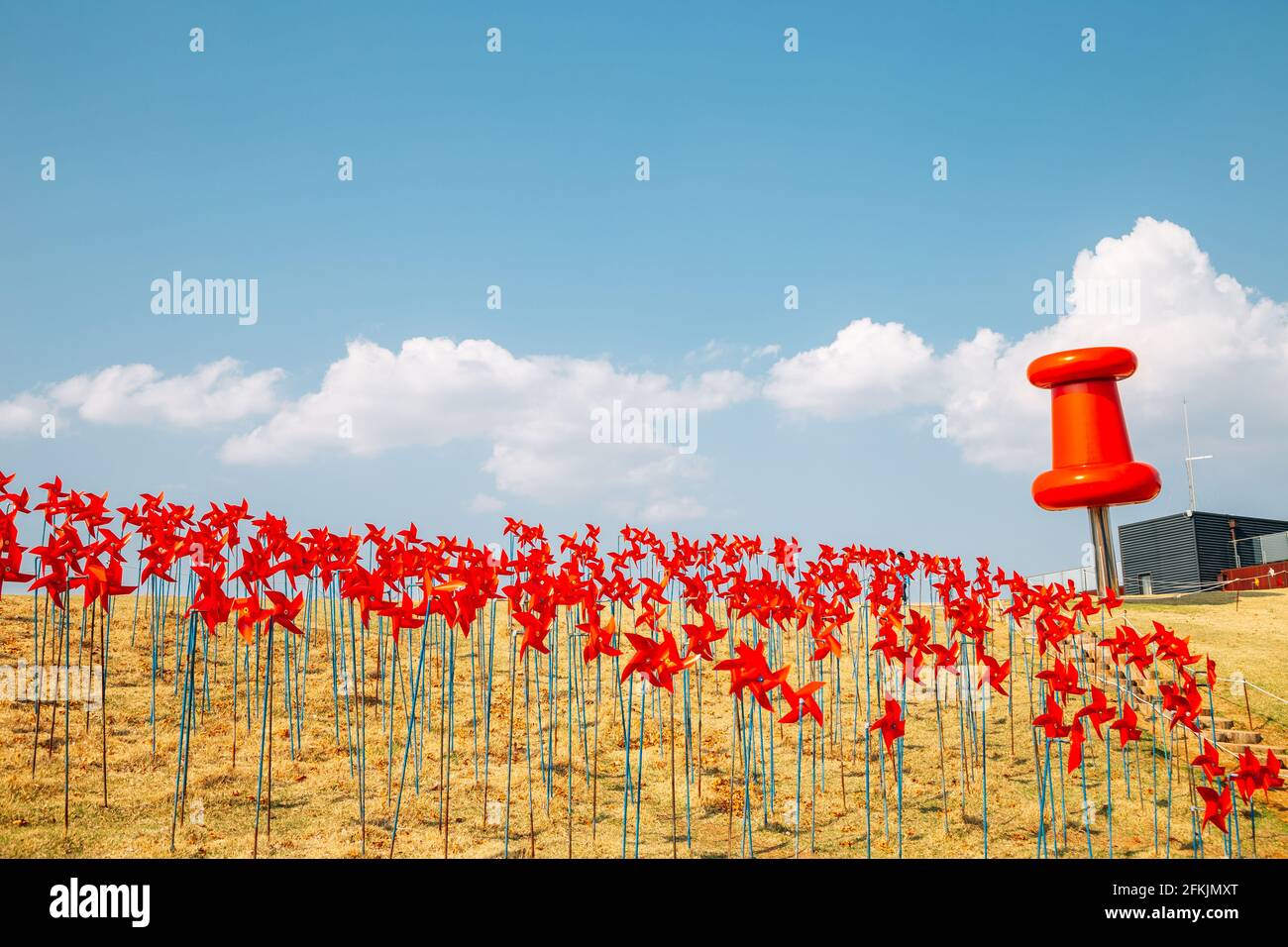 Paju, Korea - April 6, 2021 : Red pinwheels at Imjingak Pyeonghoa-Nuri ...