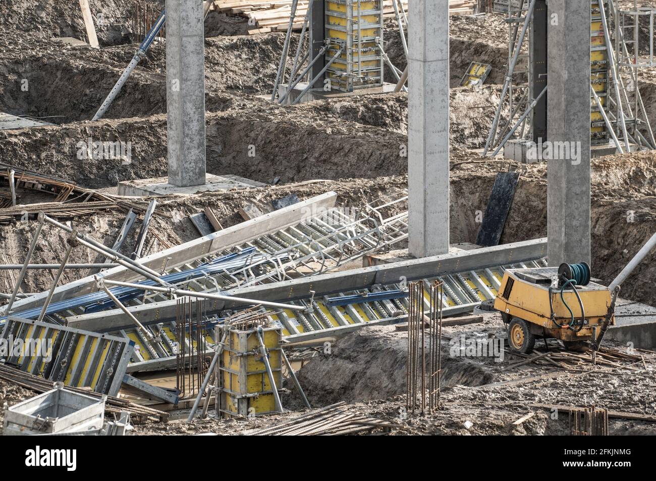 Commercial Building Construction Site. Concrete Columns and Steel ...