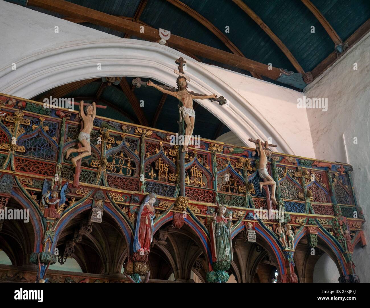 Rood screen in carved polychrome wood: the Passion of Christ, Mary and ...