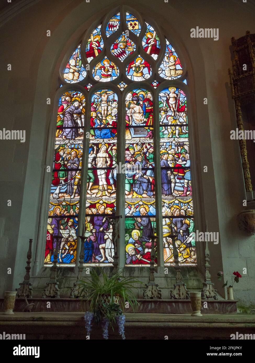 Stained glass window of the Passion of Christ. Chapelle Saint-Fiacre ...