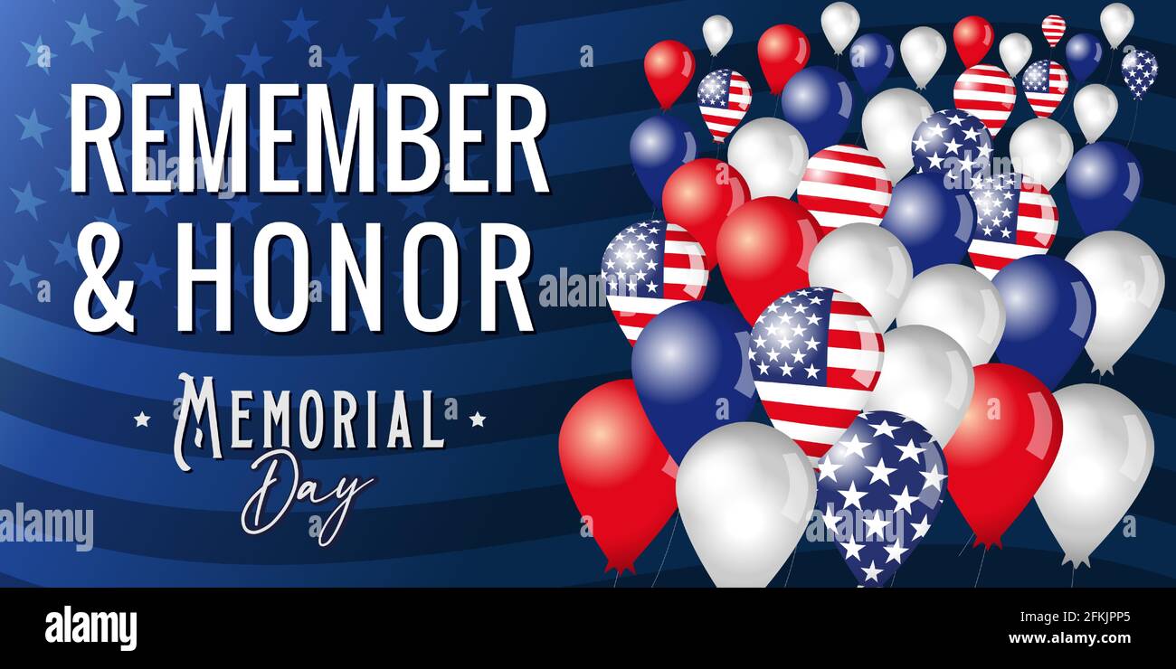 Remember and Honor, Memorial Day banner with flying in the sky balloons ...