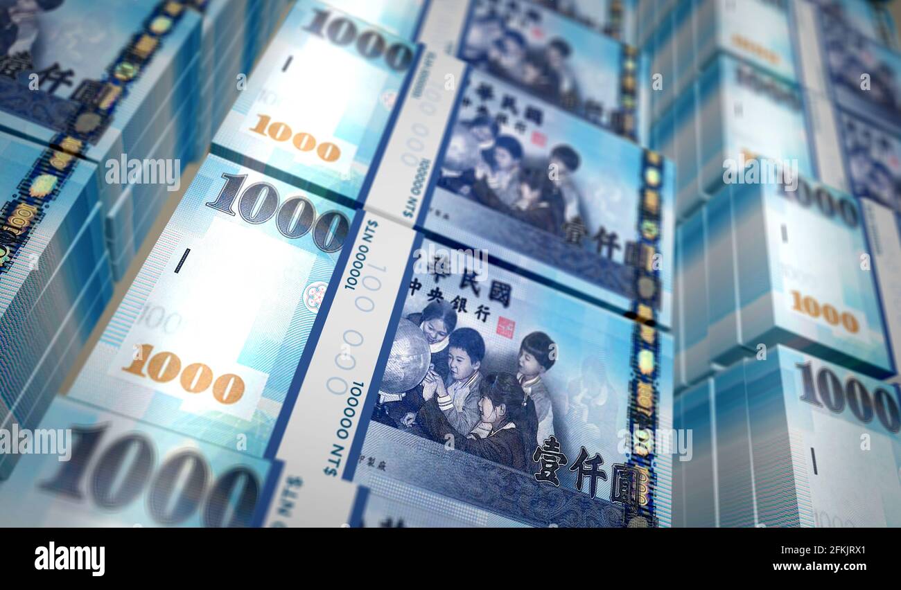 Taiwan Dollar money pack 3d illustration. TWD banknote bundle stacks ...