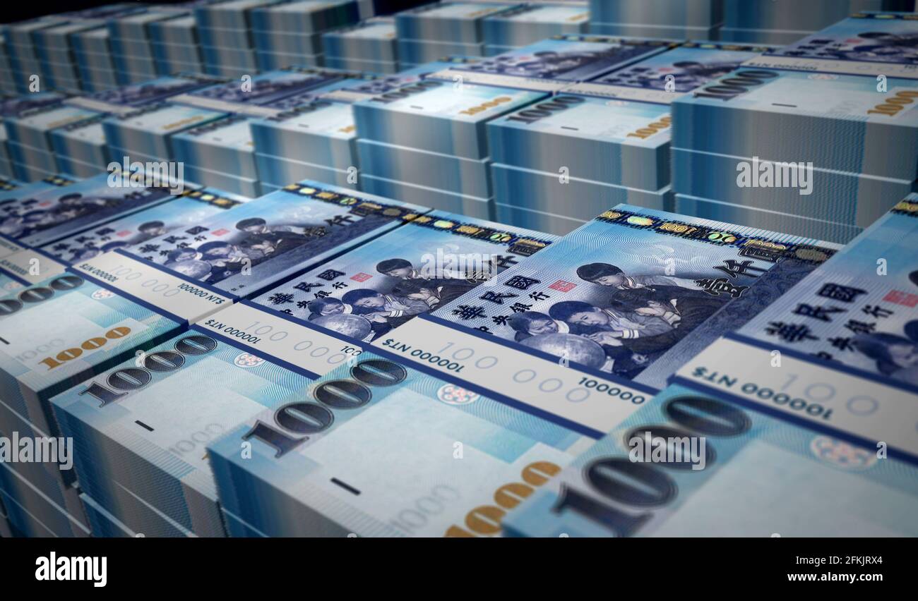 Taiwan Dollar money pack 3d illustration. TWD banknote bundle stacks ...