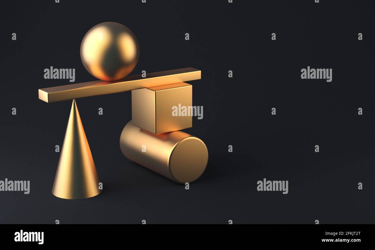Abstract 3d Rendering Of Gold Geometric Shapes On Dark Background Minimalistic Composition