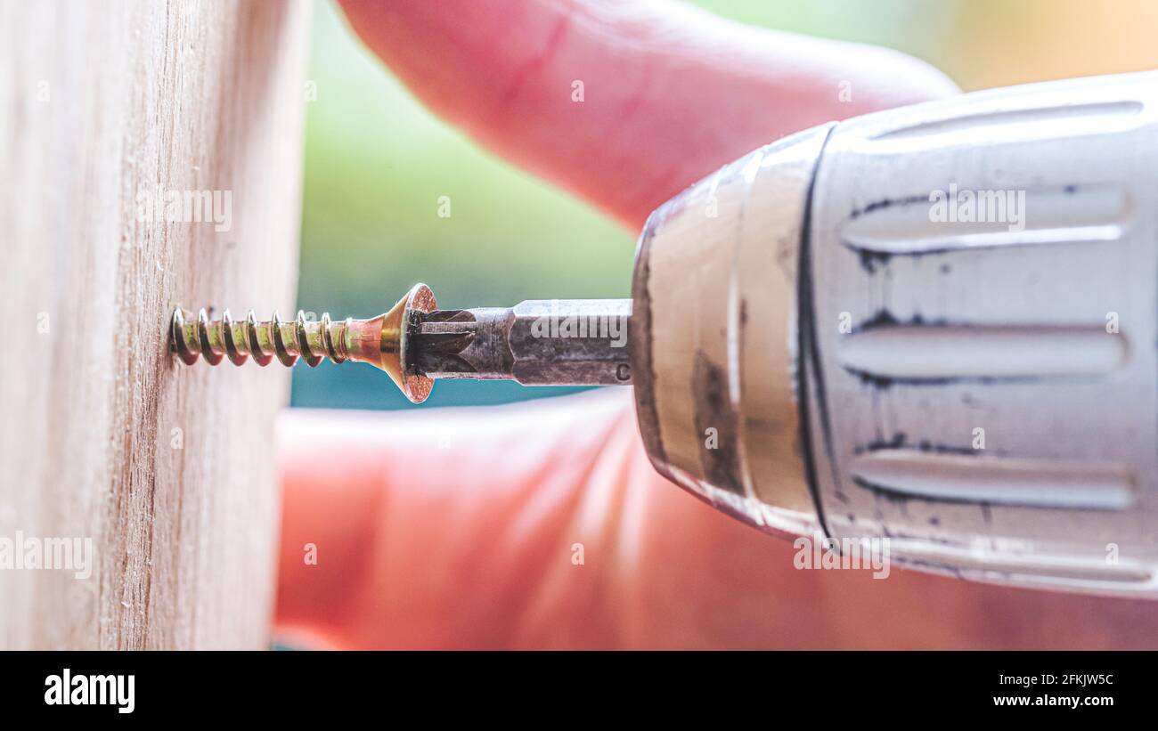 Close up of screw and screwing machine, workshop Stock Photo - Alamy