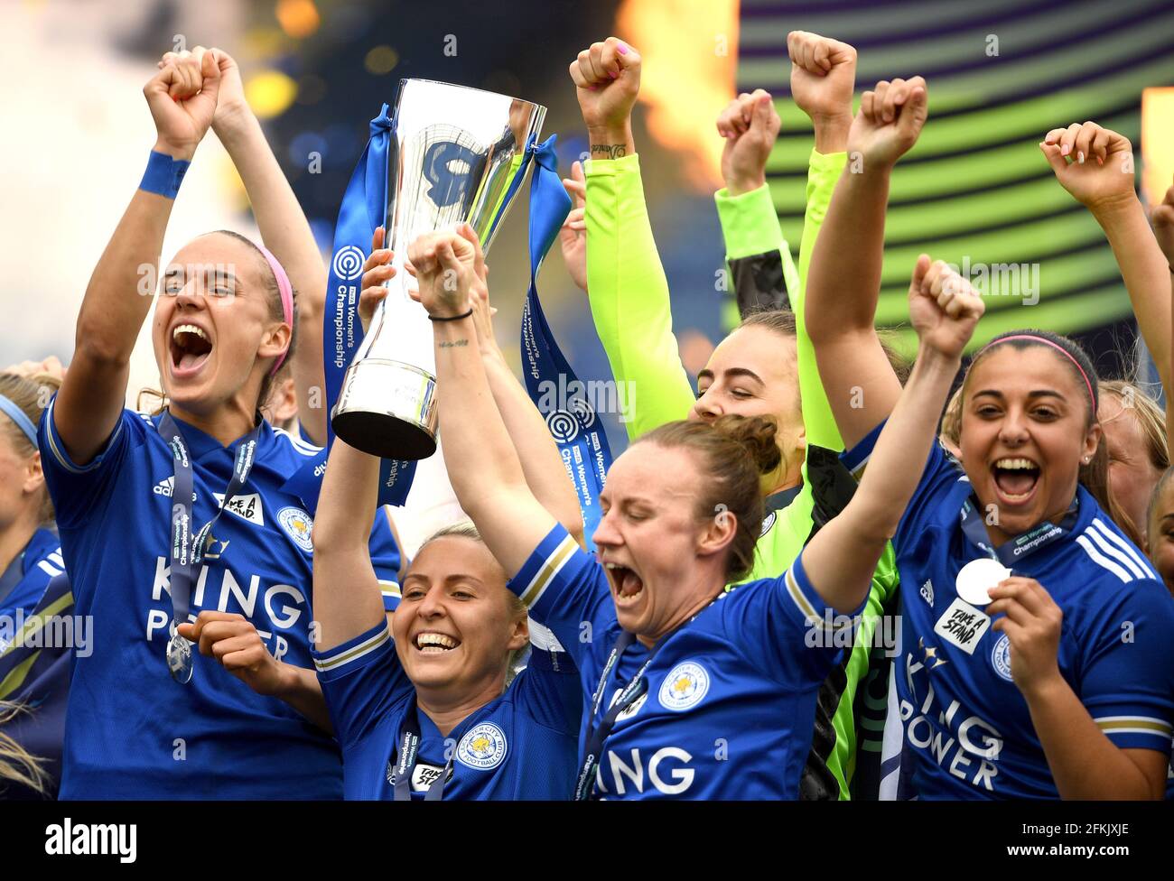 Leicester City lift the FA Women's Championship trophy during the FA ...