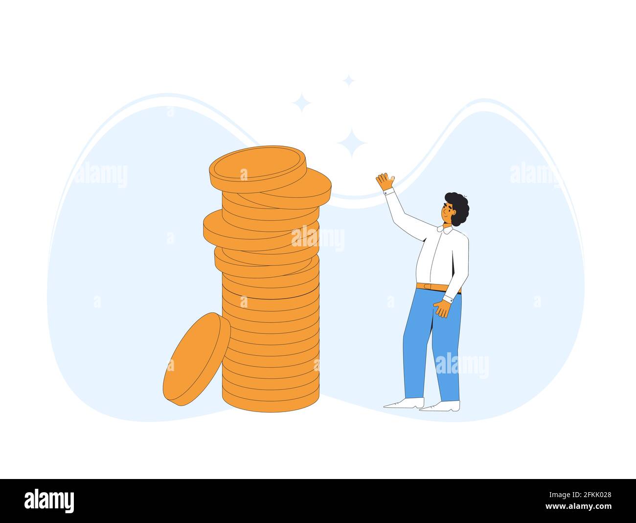 Man with money. Male character standing with huge stack of coins. Adult ...