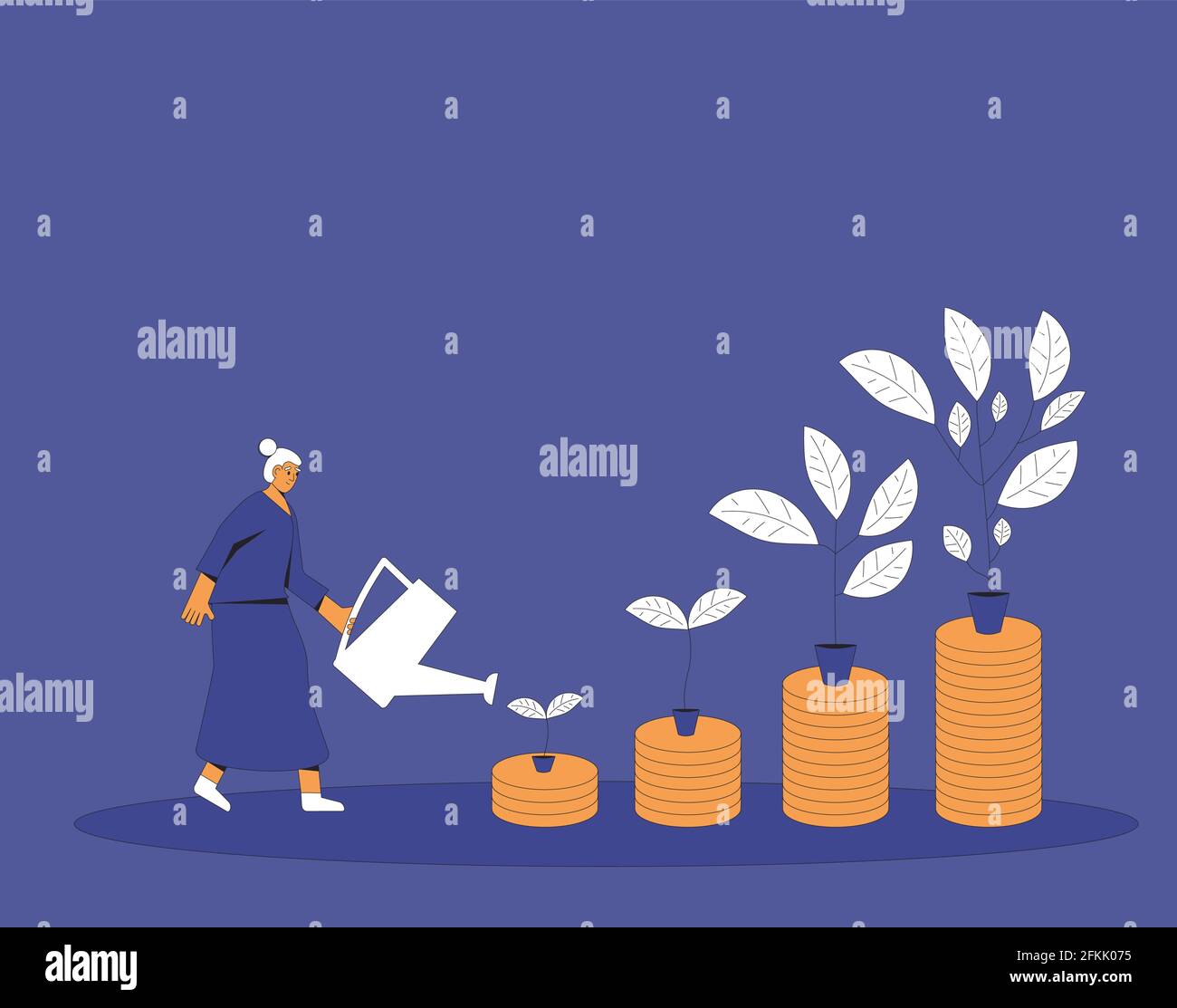 Income concept. Business growth. Elderly woman wit pot watering ...