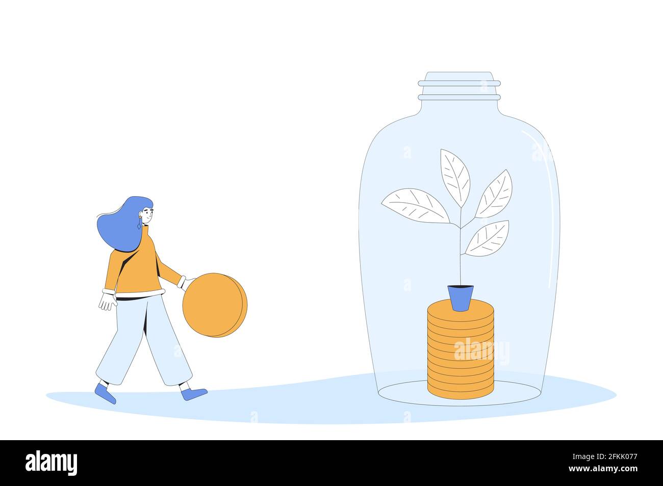 Bank deposit replenishment. Savings. Woman with money. Female character ...