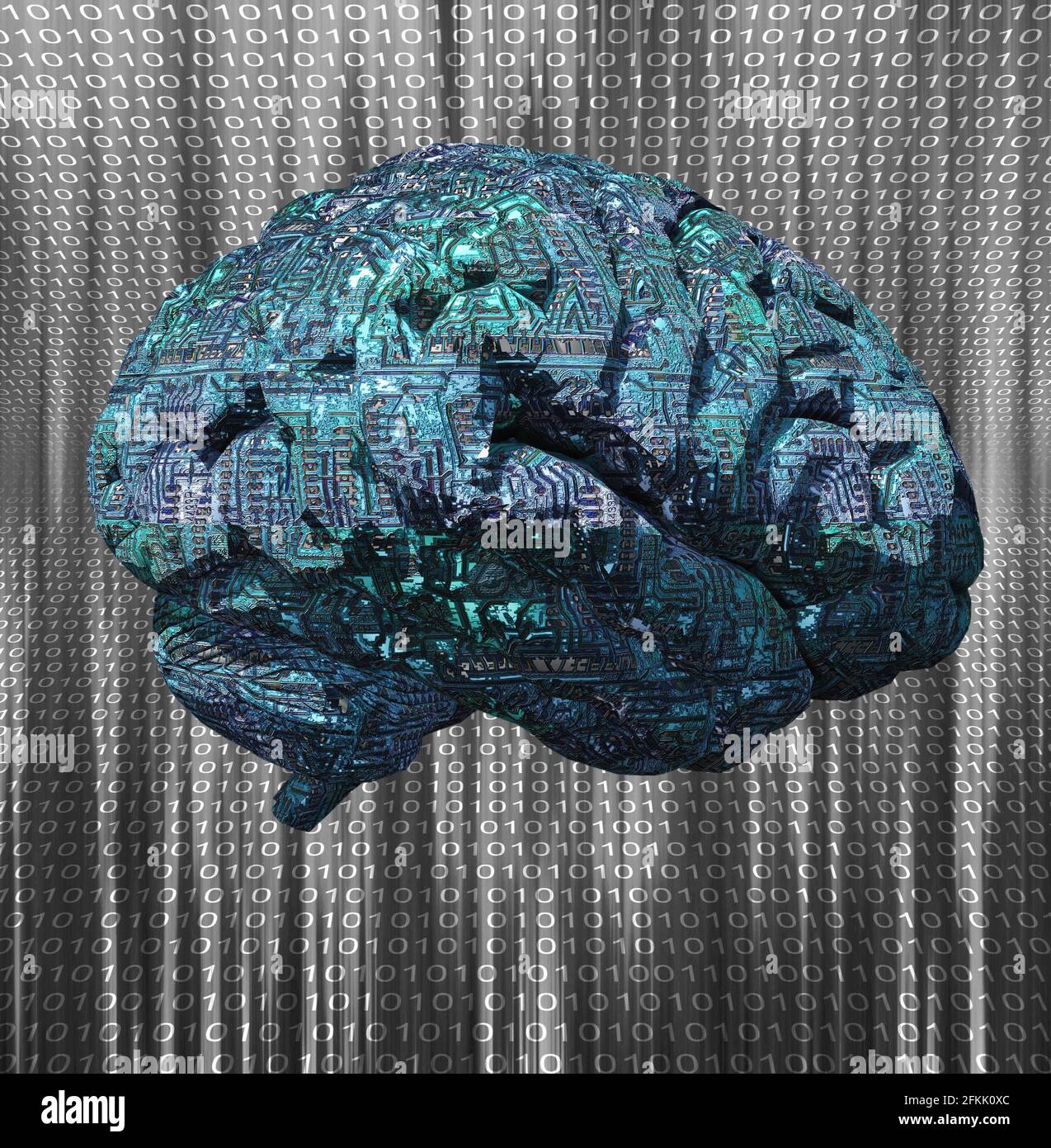 Brain with circuit pattern on binary code background. 3d rendering ...