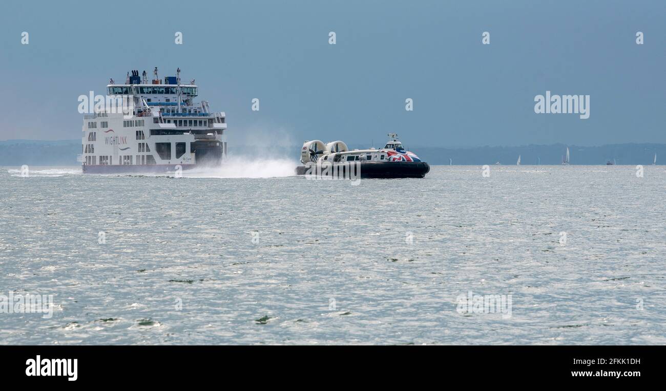 The Solent, Portsmouth, England, UK. 2021. RORO ferry and a passenger ...
