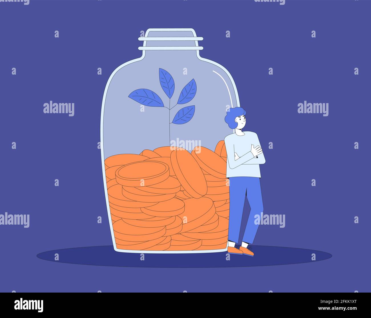 Savings. Man with money. Male character standing with jar of coins ...