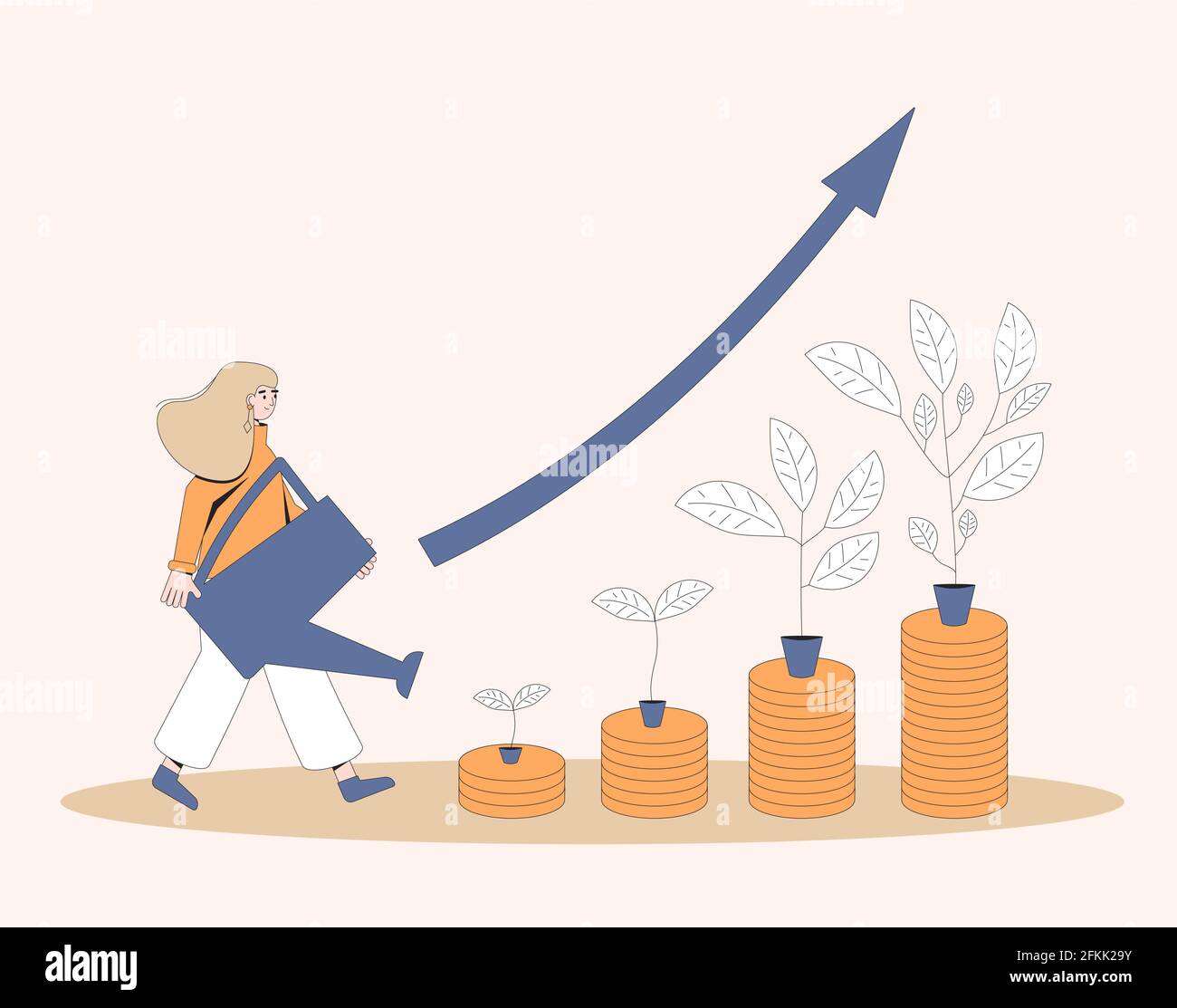 Income concept. Business growth. Young woman wit pot watering ...