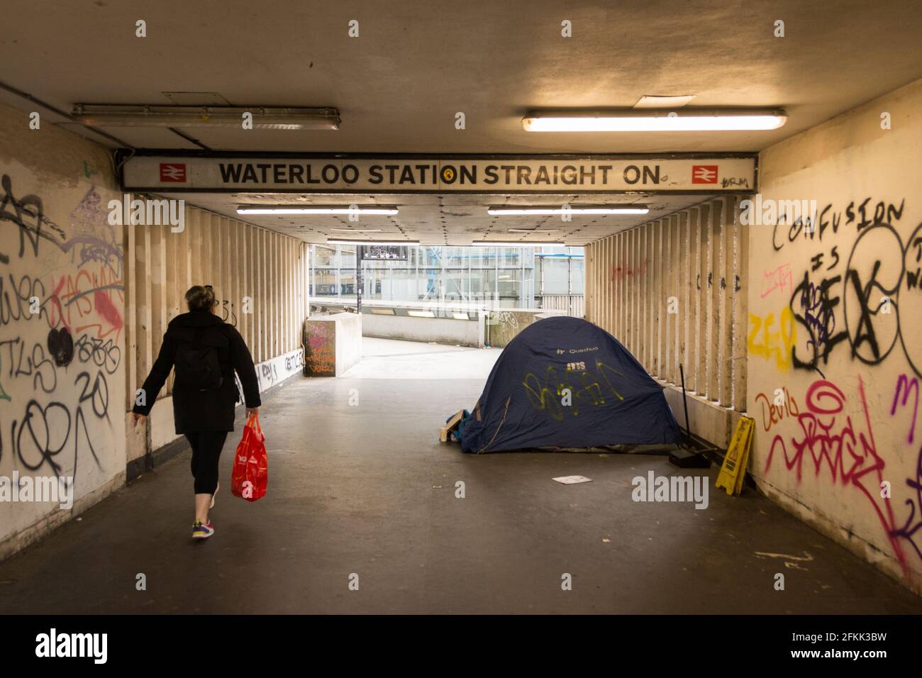 A homeless person's tent pitched in the underpass leading to Waterloo ...