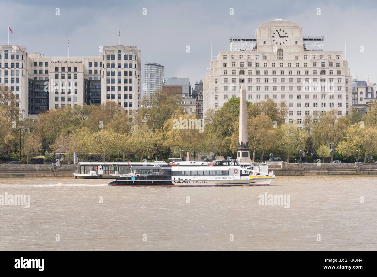 An almost empty Uber Boat Thames Clipper on the River Thames, London ...