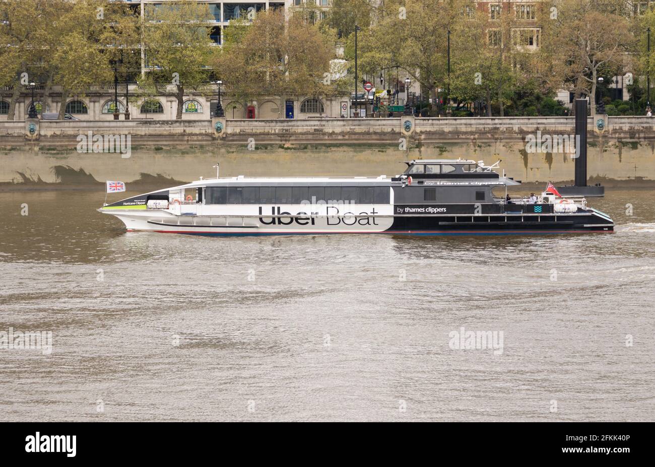 An almost empty Uber Boat Thames clipper on the River Thames, London ...