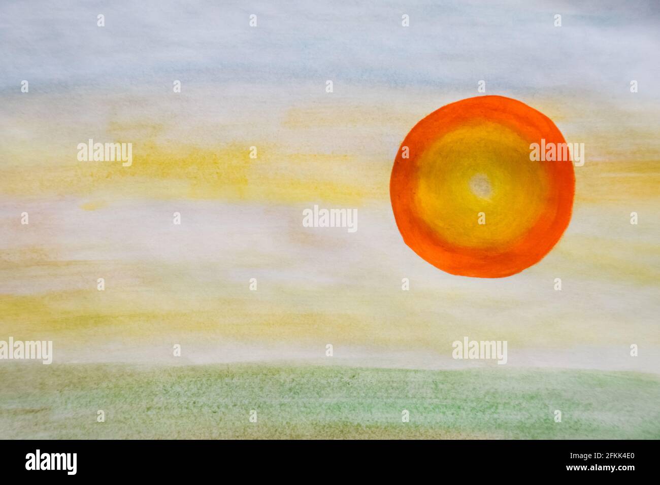 Red sun at sunset in the sky. Drawing with watercolor Stock Photo - Alamy