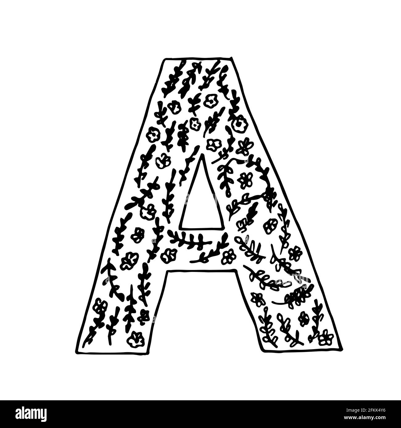Hand drawn letter A. Sketched letter with decorative floral elements ...