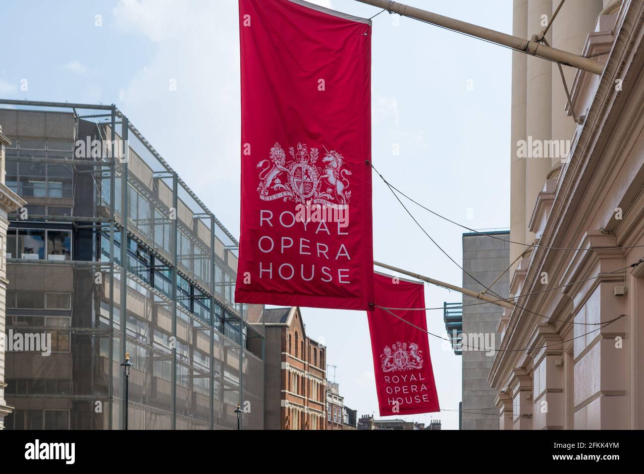 Name banners hanging on the front facade of the Royal Opera House ...