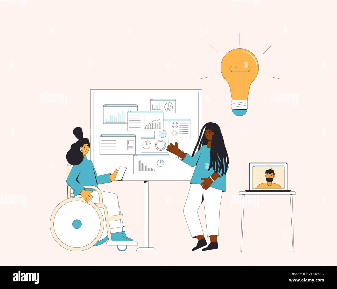 Presentation. Diverse group of professionals working together on a project. Remote teamwork ...