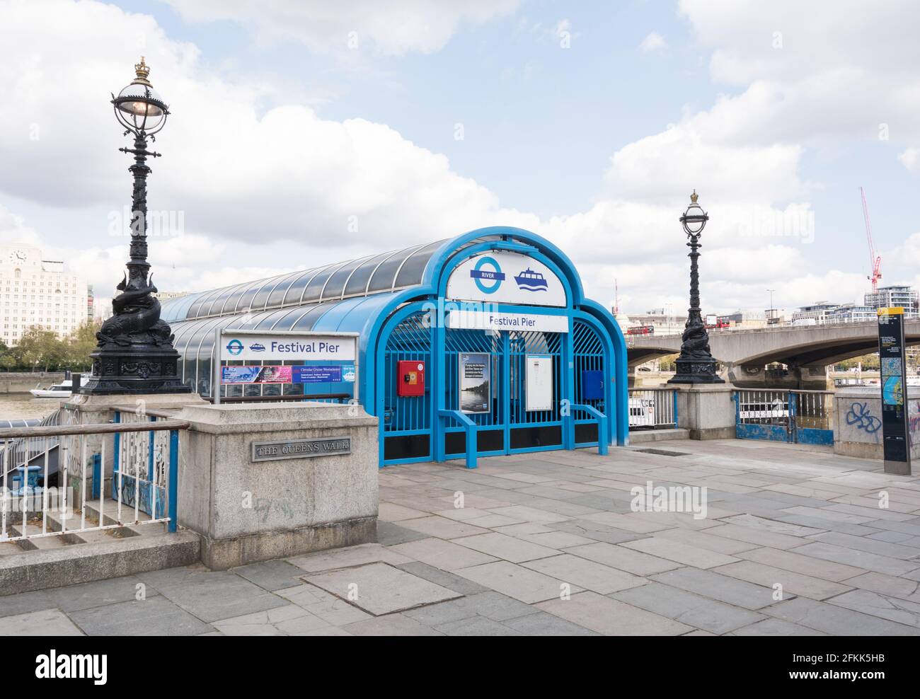 A closed Festival Pier on the River Thames, Southbank, Waterloo, London ...