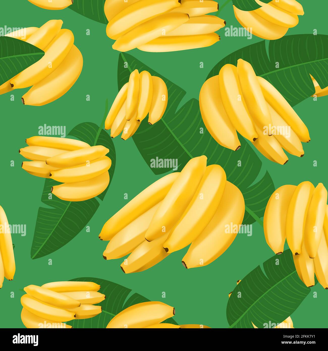 Trendy seamless pattern with realistic banana bunch and tropical leaves ...