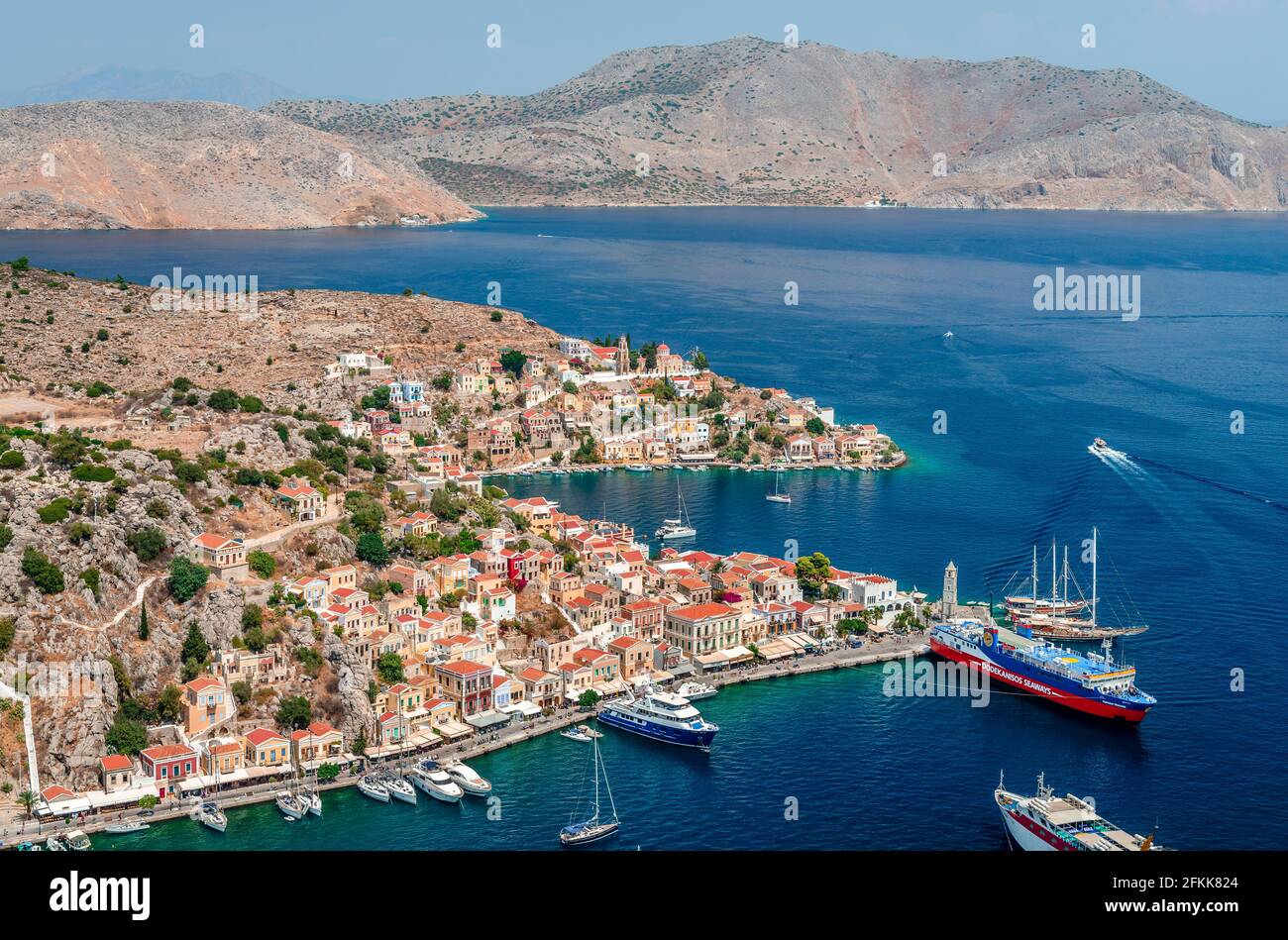 Panoramic view of Symi from above. Symi is a tiny island of Dodecanese ...