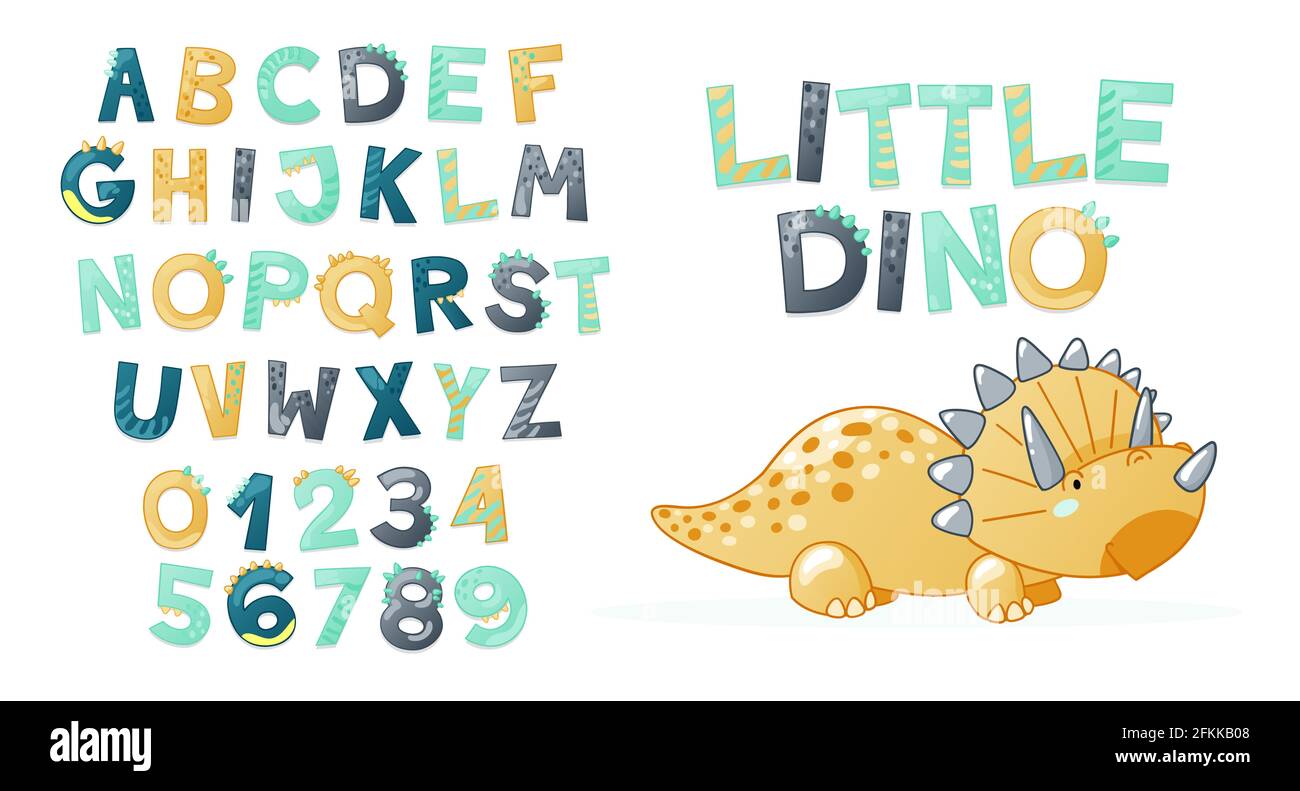 Cartoon cute Dinosaur alphabet. Dino font with letters and numbers. Children Vector illustration ...