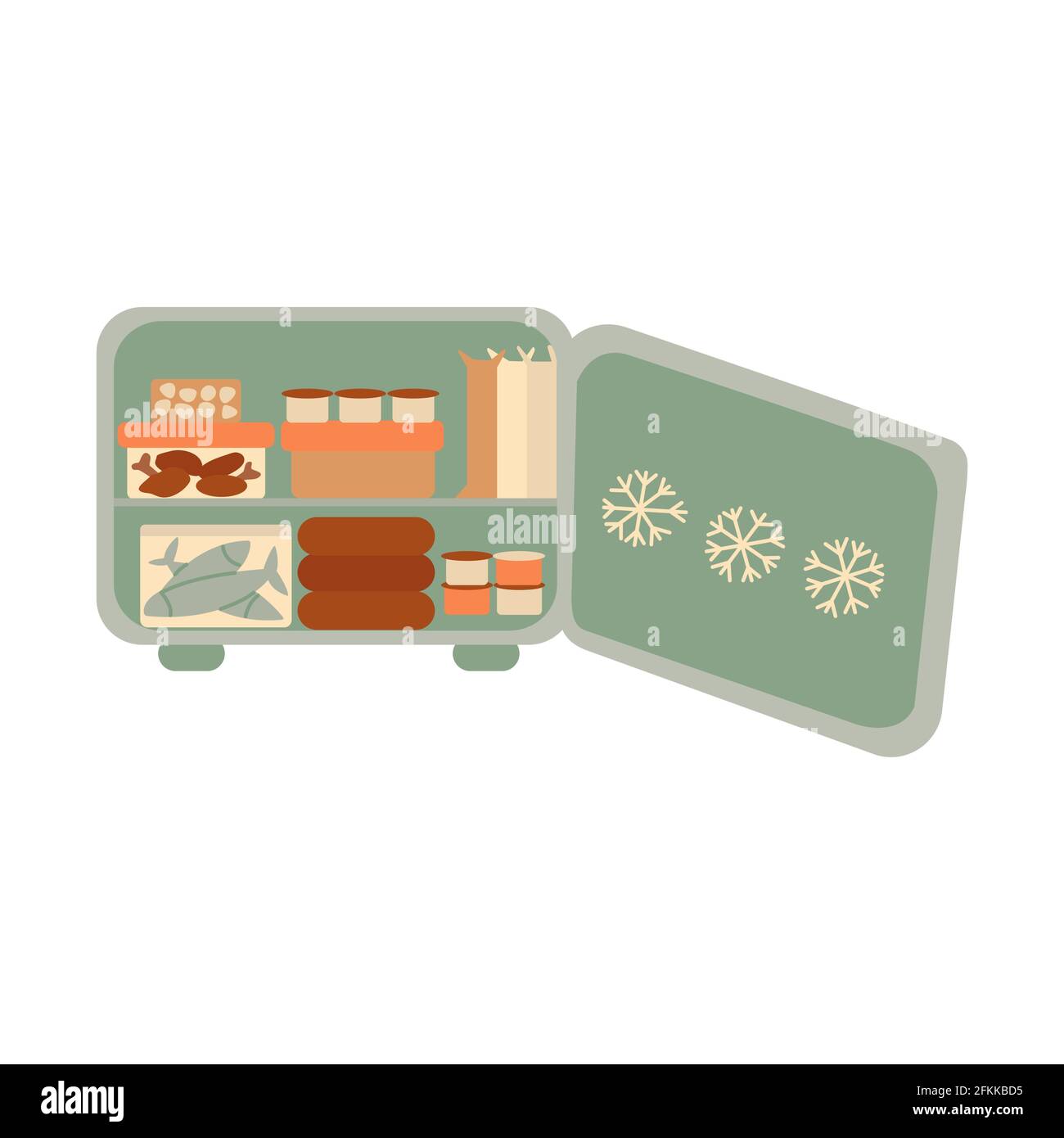 Open freezer with food on the shelves. Colorful vector isolated ...