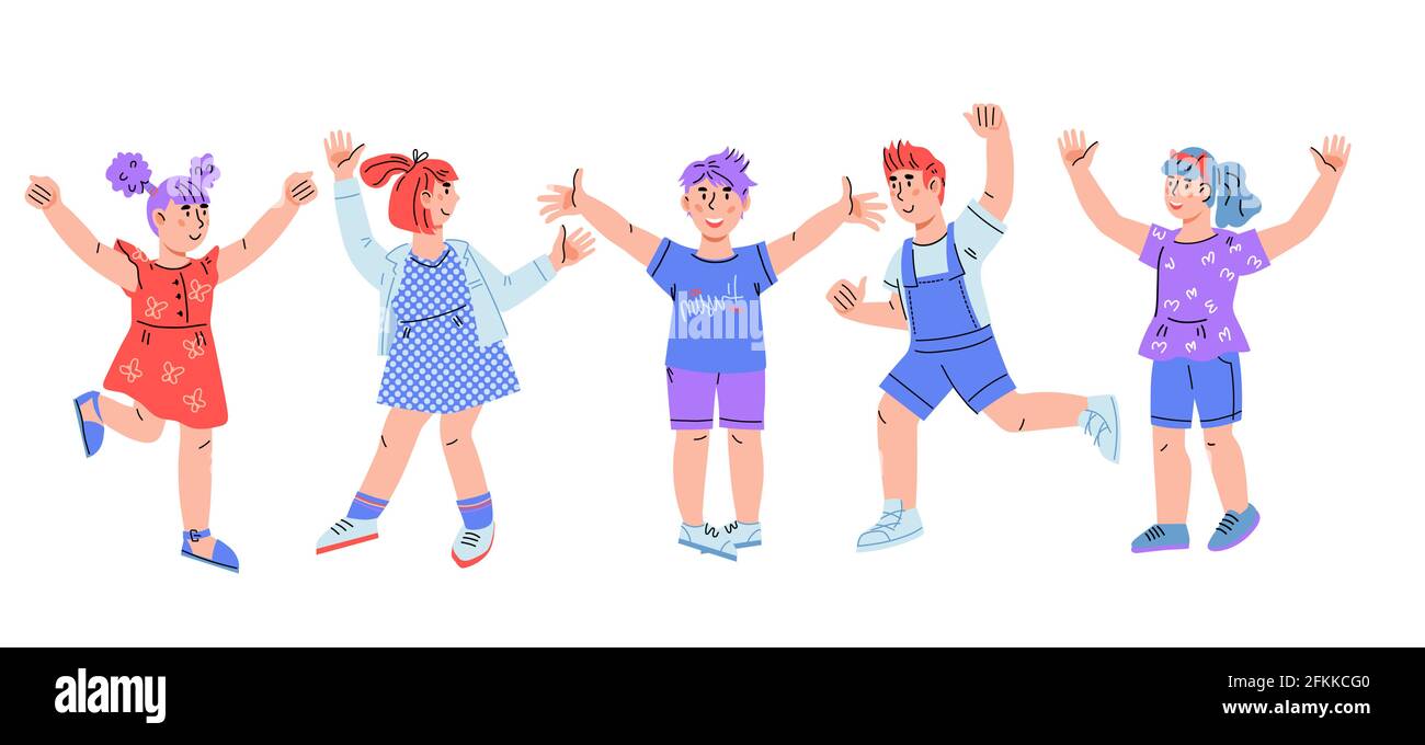 Group of happy smiling and laughing children, boys and girls jumping ...