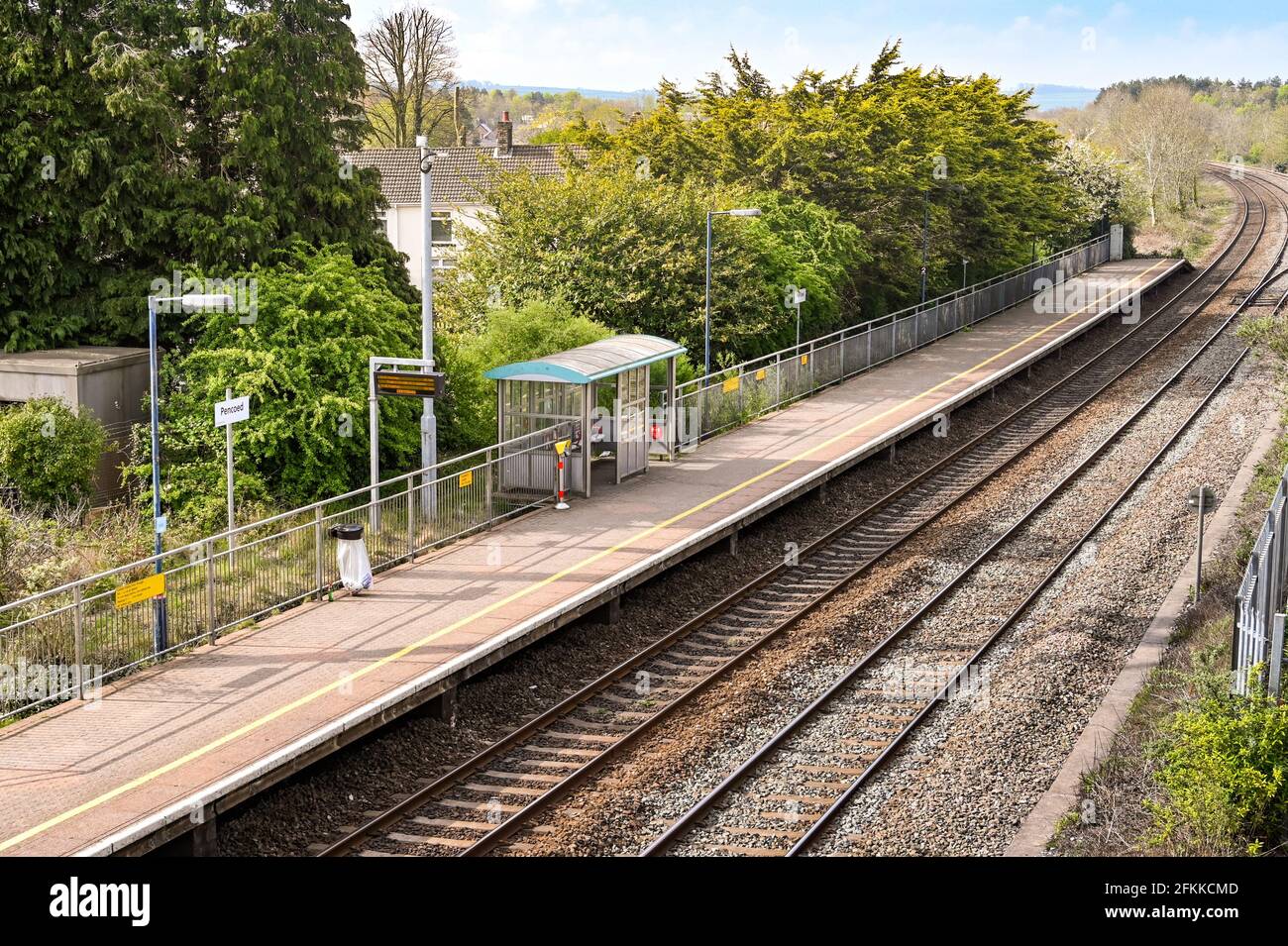 Pencoed, near Bridgend, Wales - April 2021: Westbound platform at the ...