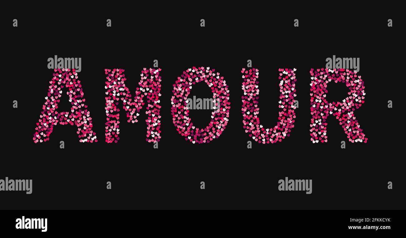 The word Amour made of little hearts shades of red and pink on black ...