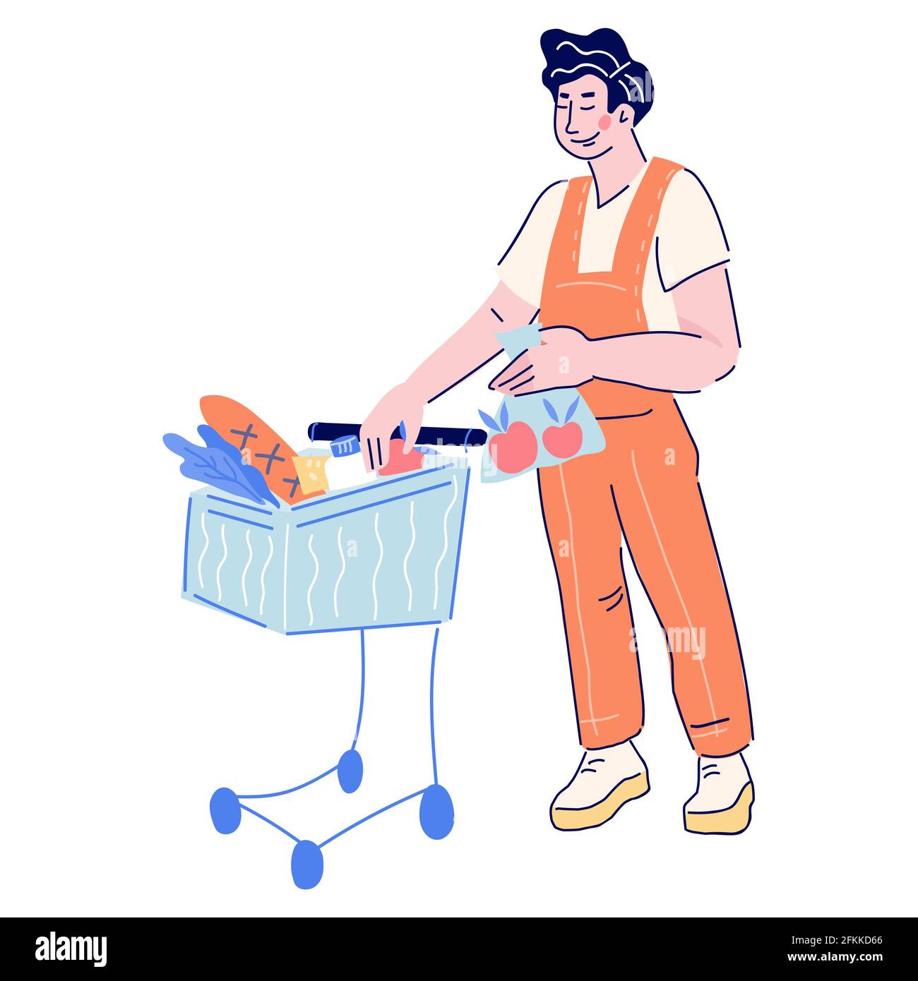 Man buyer purchasing food in supermarket and putting goods into ...