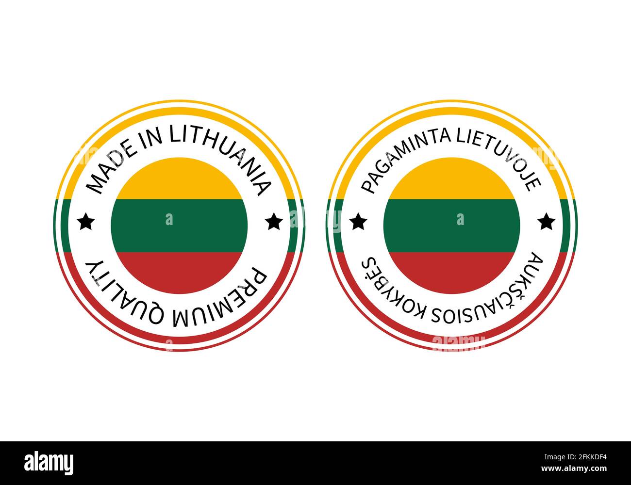 Made in Lithuania round labels in English and in Lithuanian languages ...