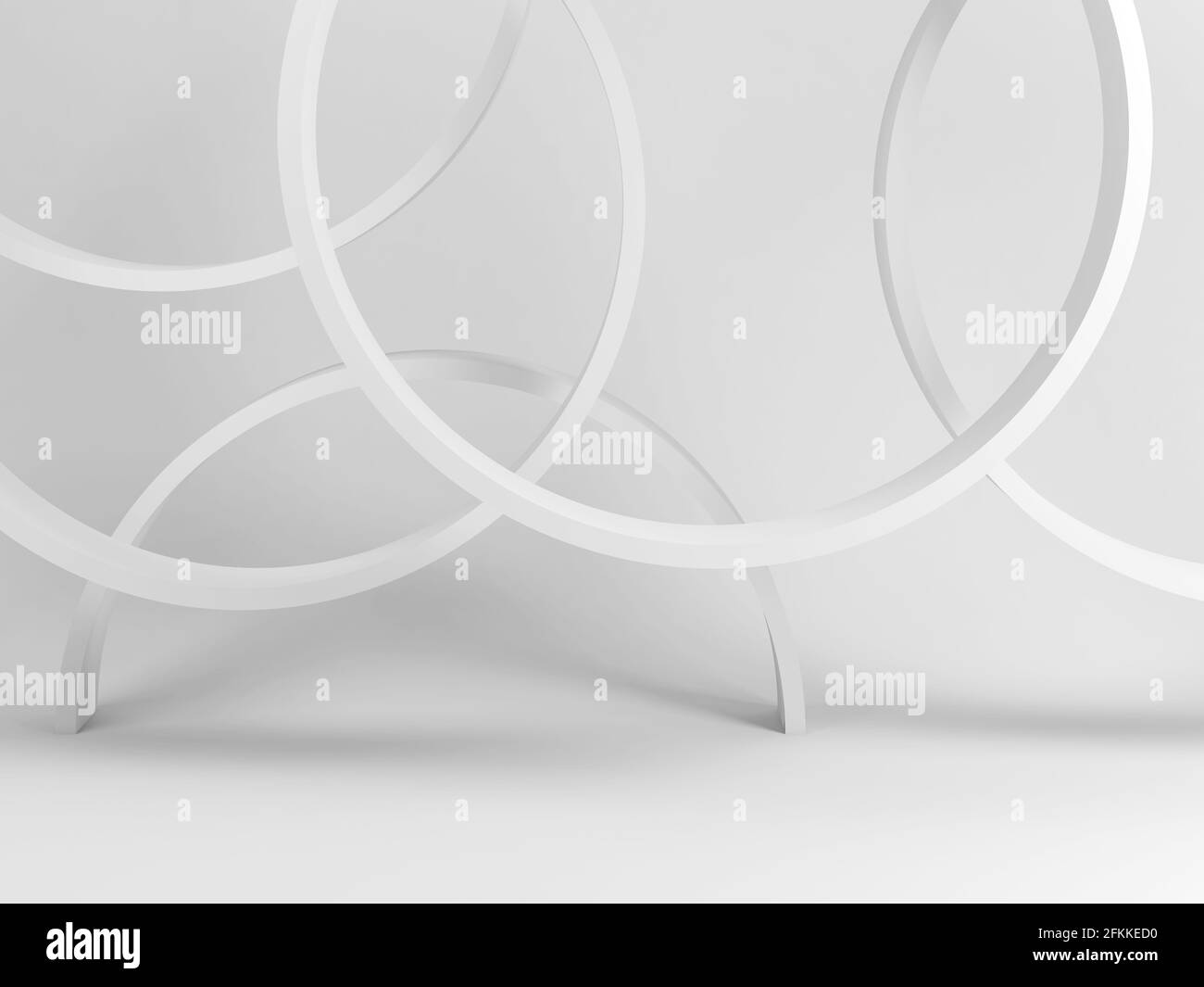 White circles installation in an empty blank room, 3d rendering ...