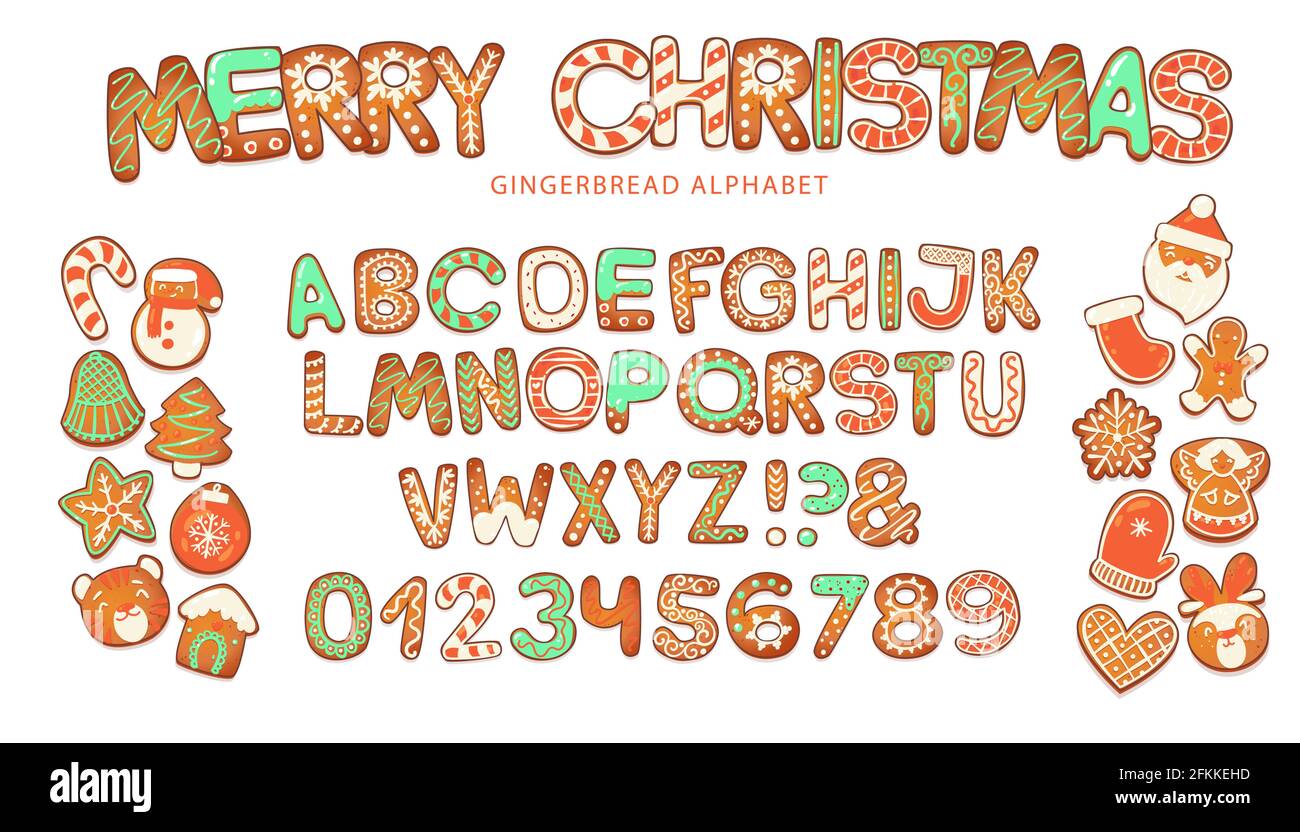 Christmas gingerbread cookies alphabet. Biscuit letters and characters ...