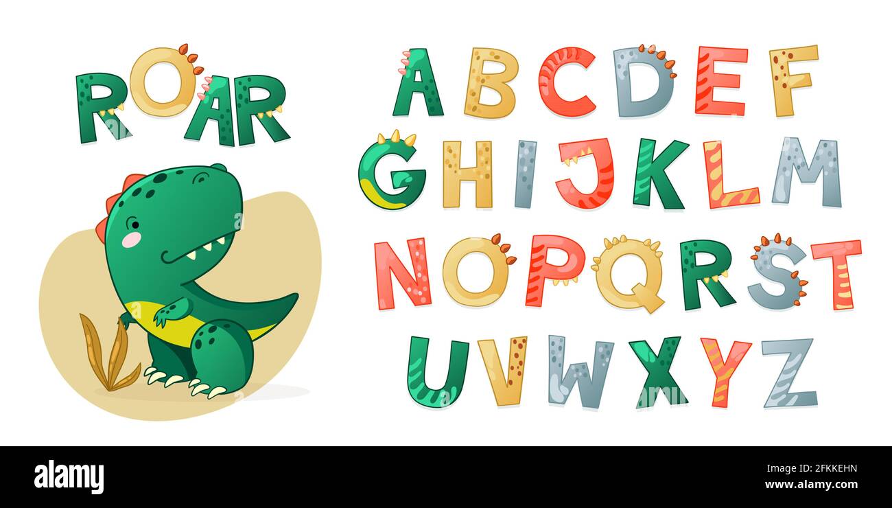 Cartoon cute Dinosaur alphabet. Dino font with letters. Children Vector illustration for t ...