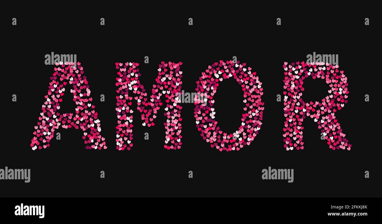 The word Amor made of little hearts shades of red and pink on black ...