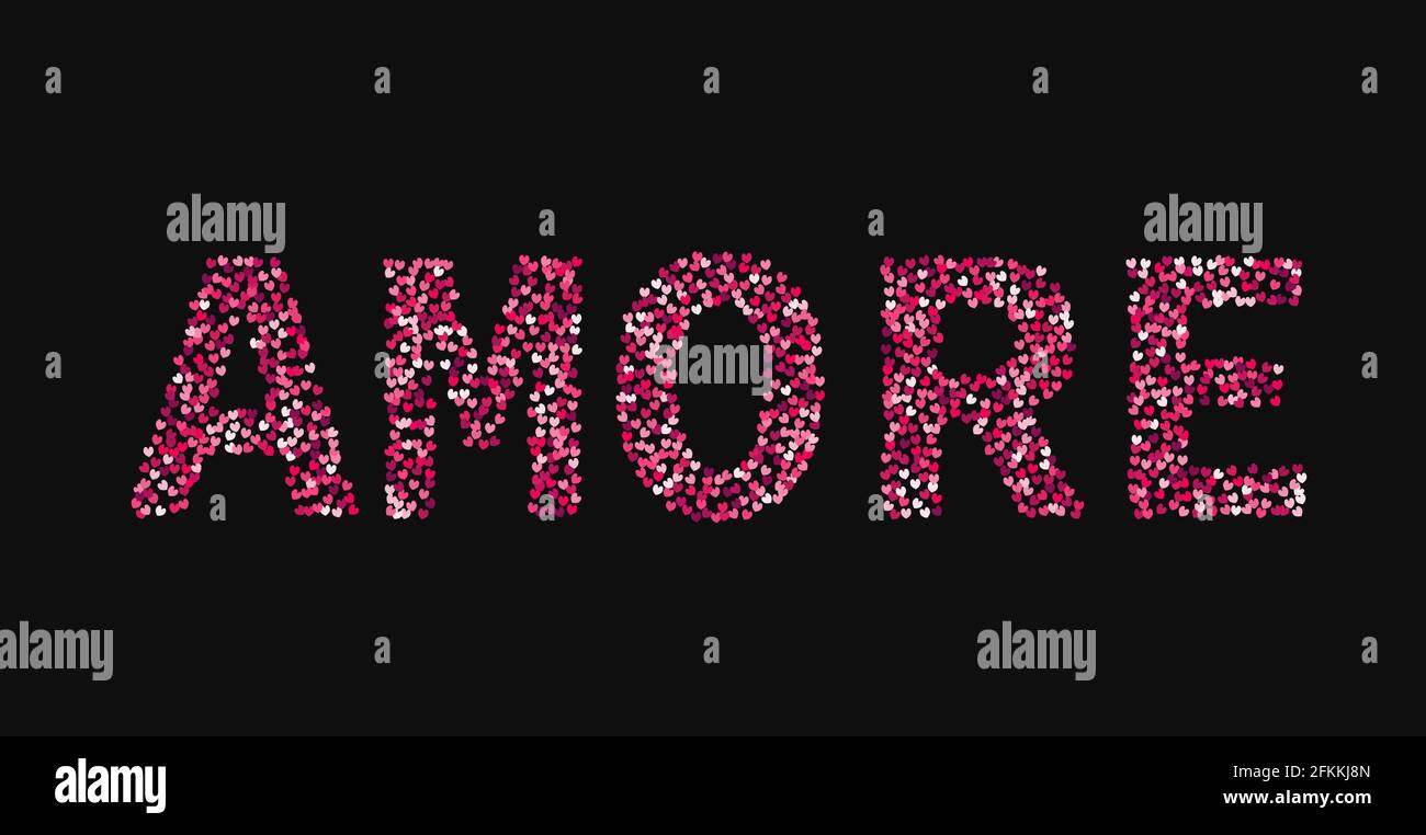 The word Amore made of little hearts shades of red and pink on black ...