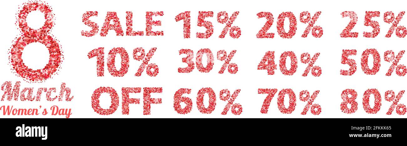 Womens's day sale sign with letters and numbers made of hearts . Set of ...