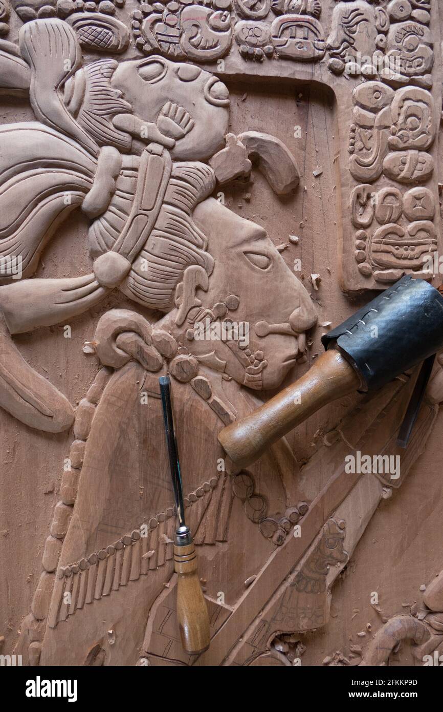 Mayan motifs wood carving Stock Photo - Alamy
