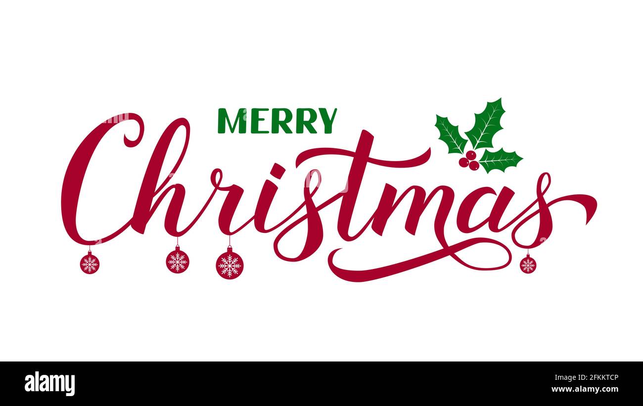 Merry Christmas calligraphy hand lettering with holly berry mistletoe ...