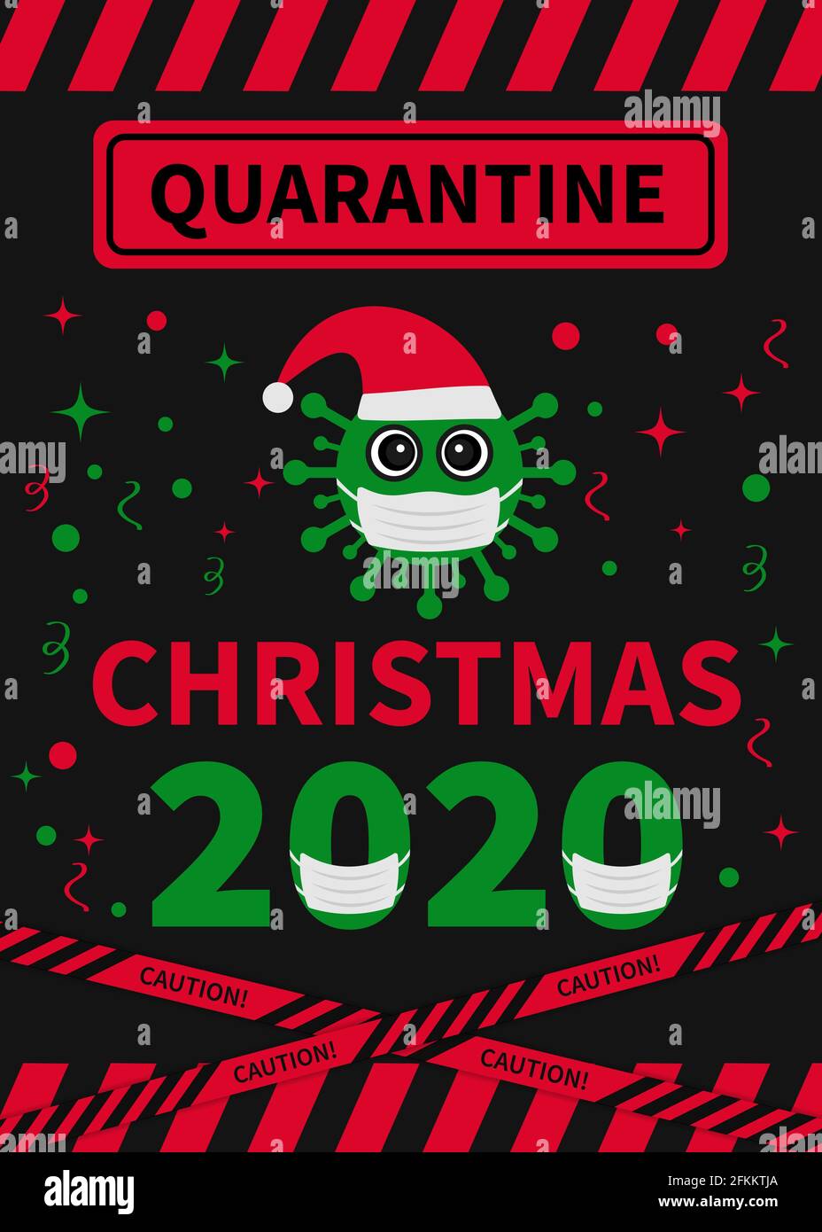 Quarantine Christmas lettering with cute cartoon virus wearing mask ...