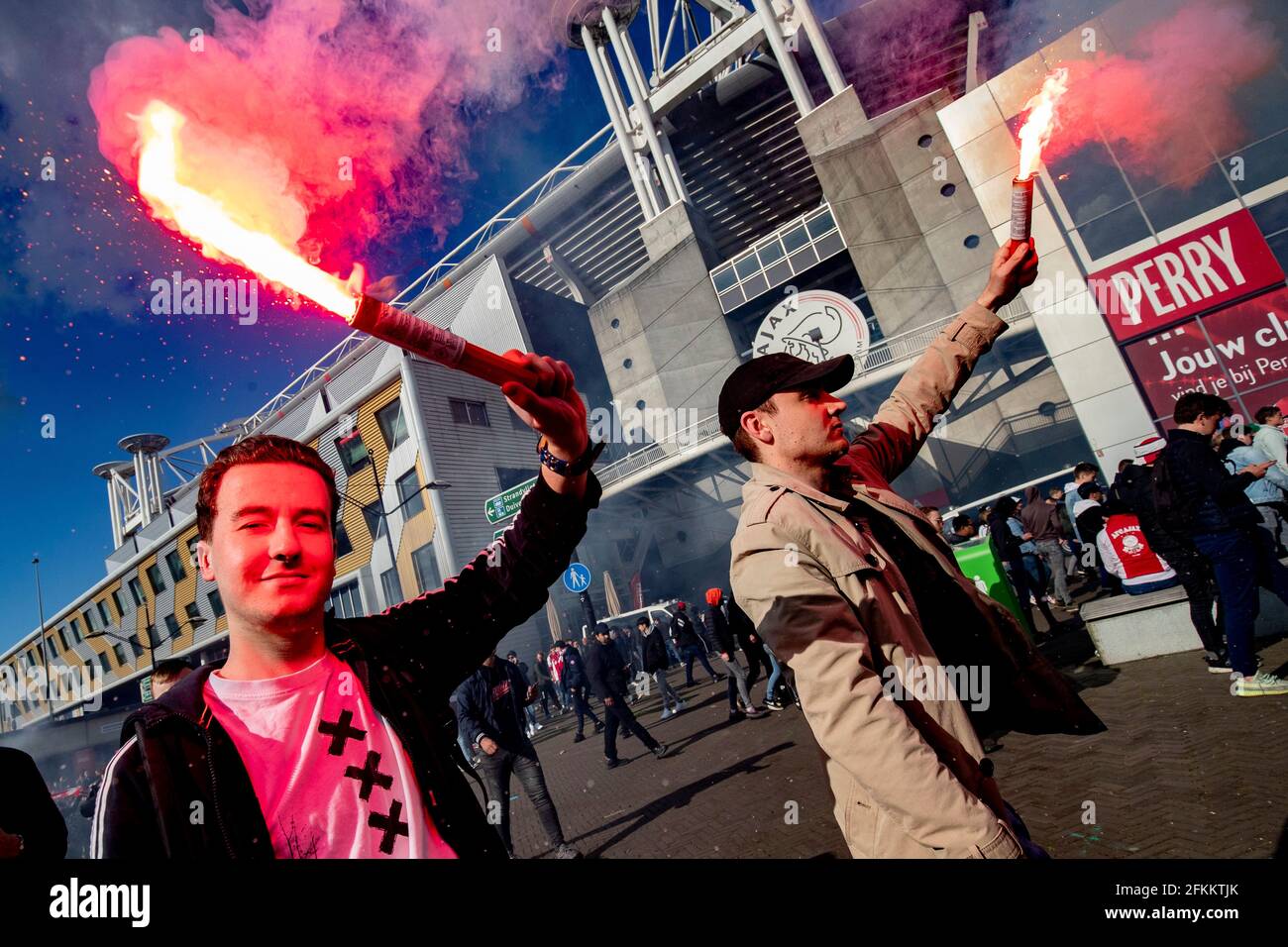 AMSTERDAM, NETHERLANDS - MAY 2: Fans of Ajax are seen celebrating the ...