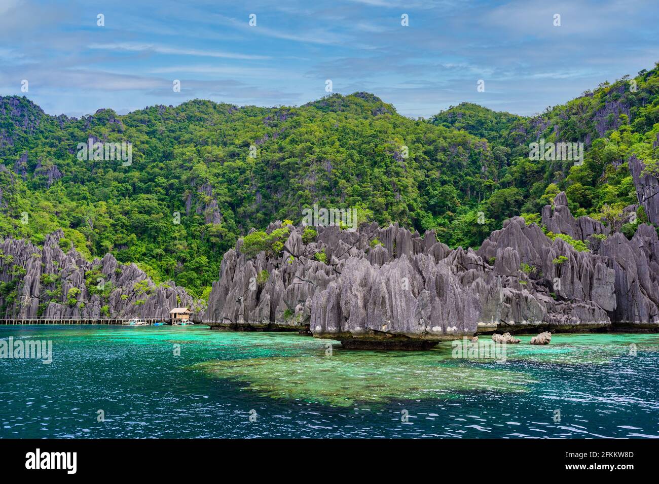 Twin Lagoon on paradise island with sharp limestone rocks, tropical ...